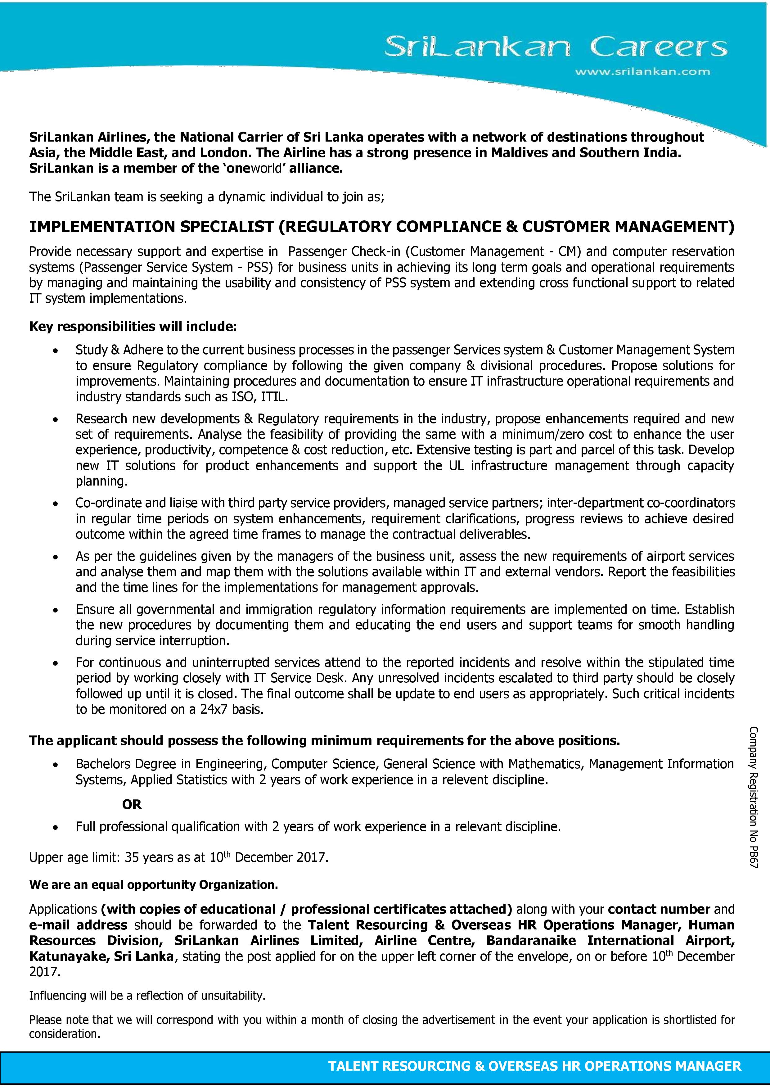 IMPLEMENTATION SPECIALIST (REGULATORY COMPLIANCE & CUSTOMER MANAGEMENT)