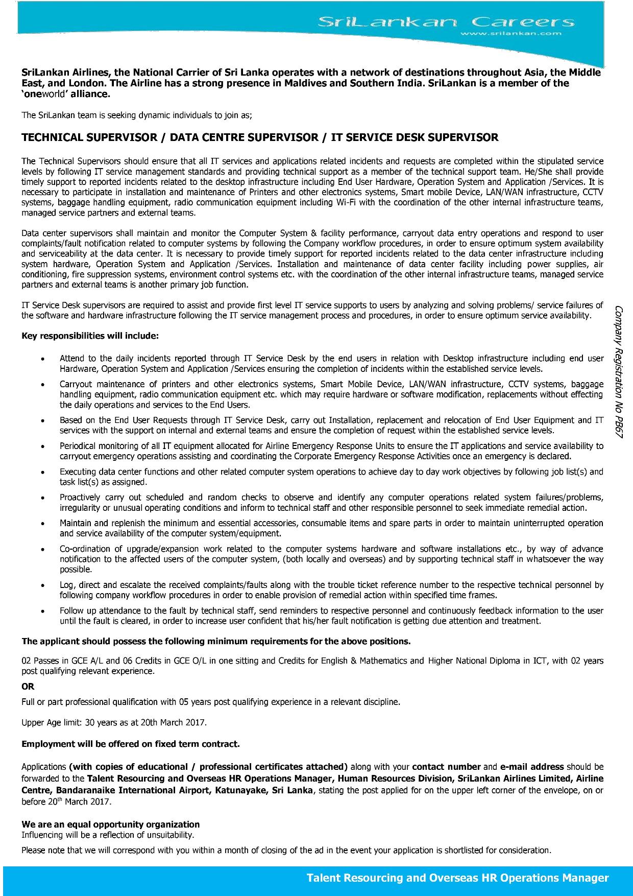 TECHNICAL SUPERVISOR / DATA CENTRE SUPERVISOR / IT SERVICE DESK SUPERVISOR